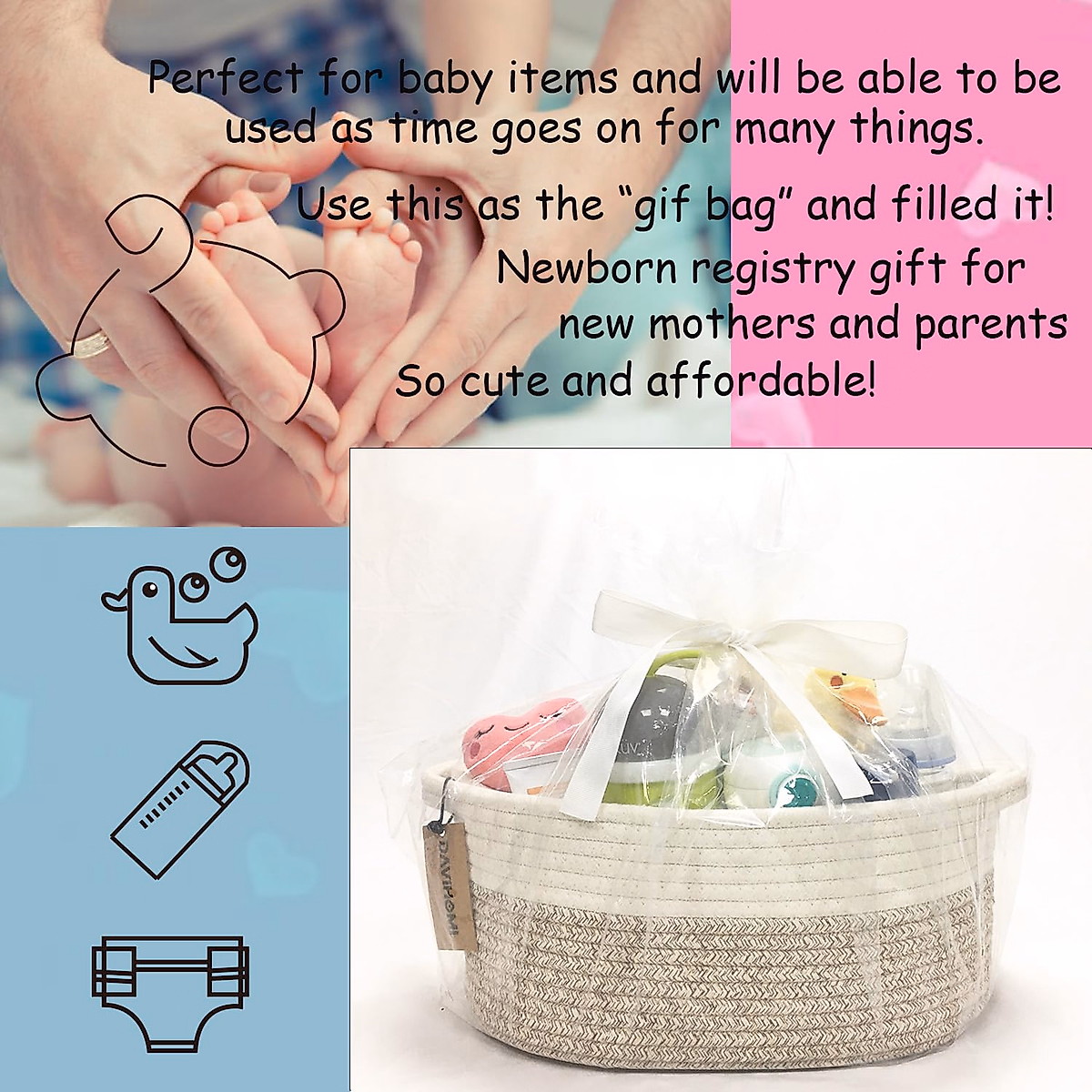 DAVIHOMI 2-Piece Shelf Storage Basket with Handles|Cotton Rope Basket|Cat Dog Baskets|Closet Storage Basket for Laundry Room|Storage Bin and Gift Basket|Small Basket -White/Brown