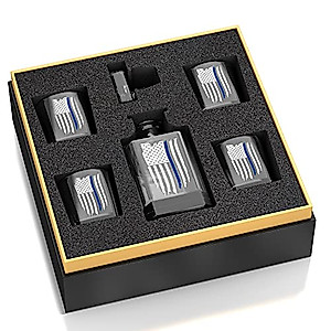 Thin Blue Line Police American Flag Decanter Whiskey Glass Gift Set - 5 Piece Set - Premium Gift Box