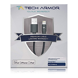 Tech Armor Apple MFi Certified Lightning Cable to USB A - 2FT Space Grey - Tough-Braided Extra-Strong Jacket - Sync/Charge iPhone & iPad