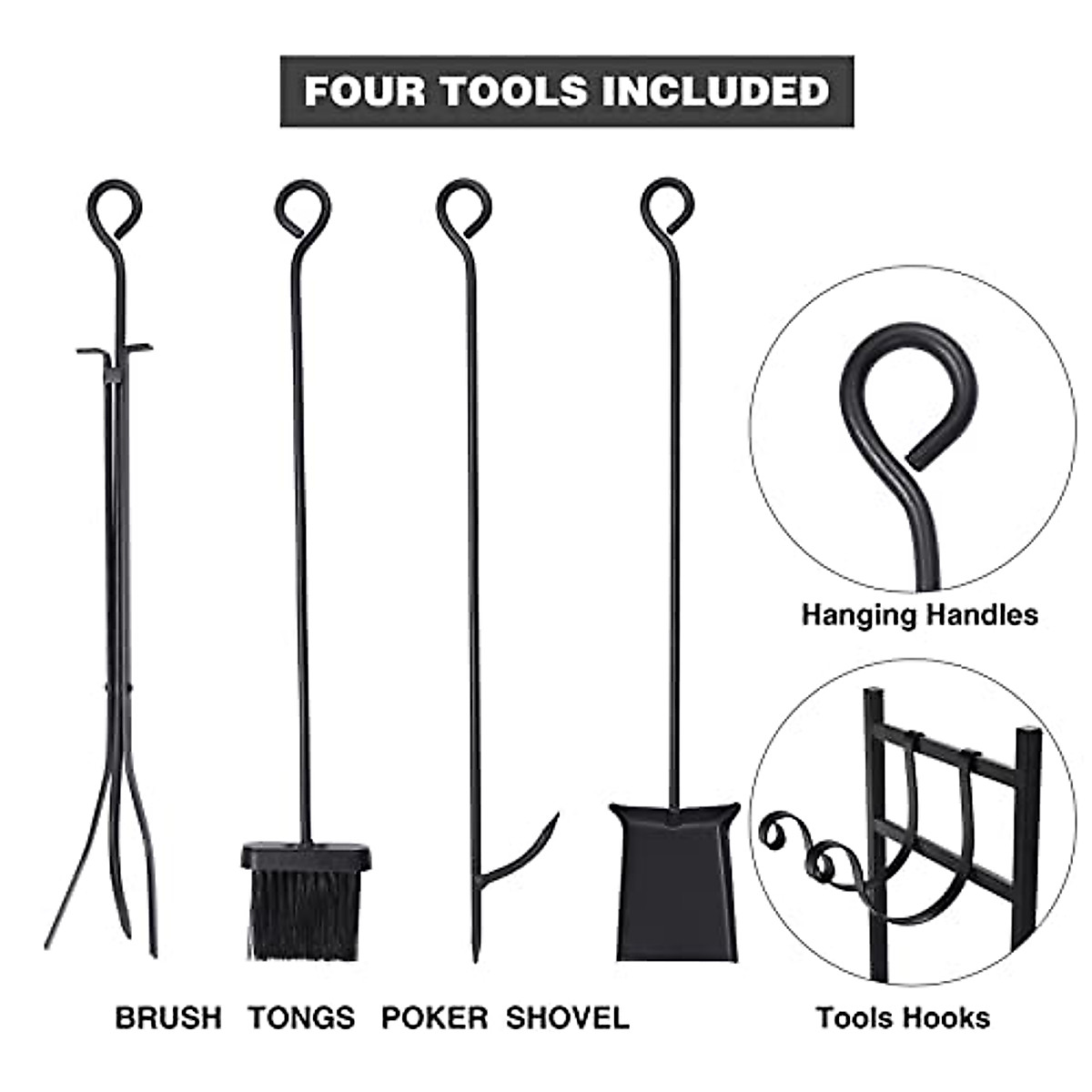 REDCAMP 4ft Firewood Rack with Kindling Holder and Tool Set, Heavy Duty Steel, Black