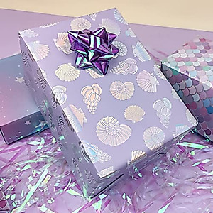 LDGOOAEL Mini Short Small Wrapping Paper Roll with Cut Lines on Reverse (17" X 120" Per Roll) - Purple Mermaid Scales/Galaxy with Glitter Metallic Foil Shine for Birthday, Wedding, Baby Shower,Bridal Showers