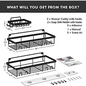 4 Pack Shower Caddy Basket Shelf with Soap Holder, No Drilling Traceless Adhesive Shower Wall Shelves, Rustproof Black Bathroom Shower Storage Organizer (Matte Black)