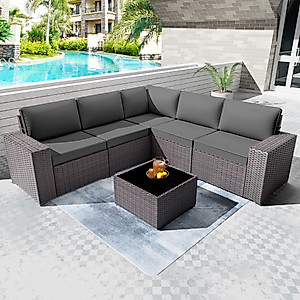 Piltwoff 6 Pieces Waterproof Outdoor Patio Set, Modern All-Weather Outdoor Patio Furniture Sets with 5 Black&Brown Chairs. Outdoor Sectional Sofa for Garden/Backyard/Balcony(Grey)