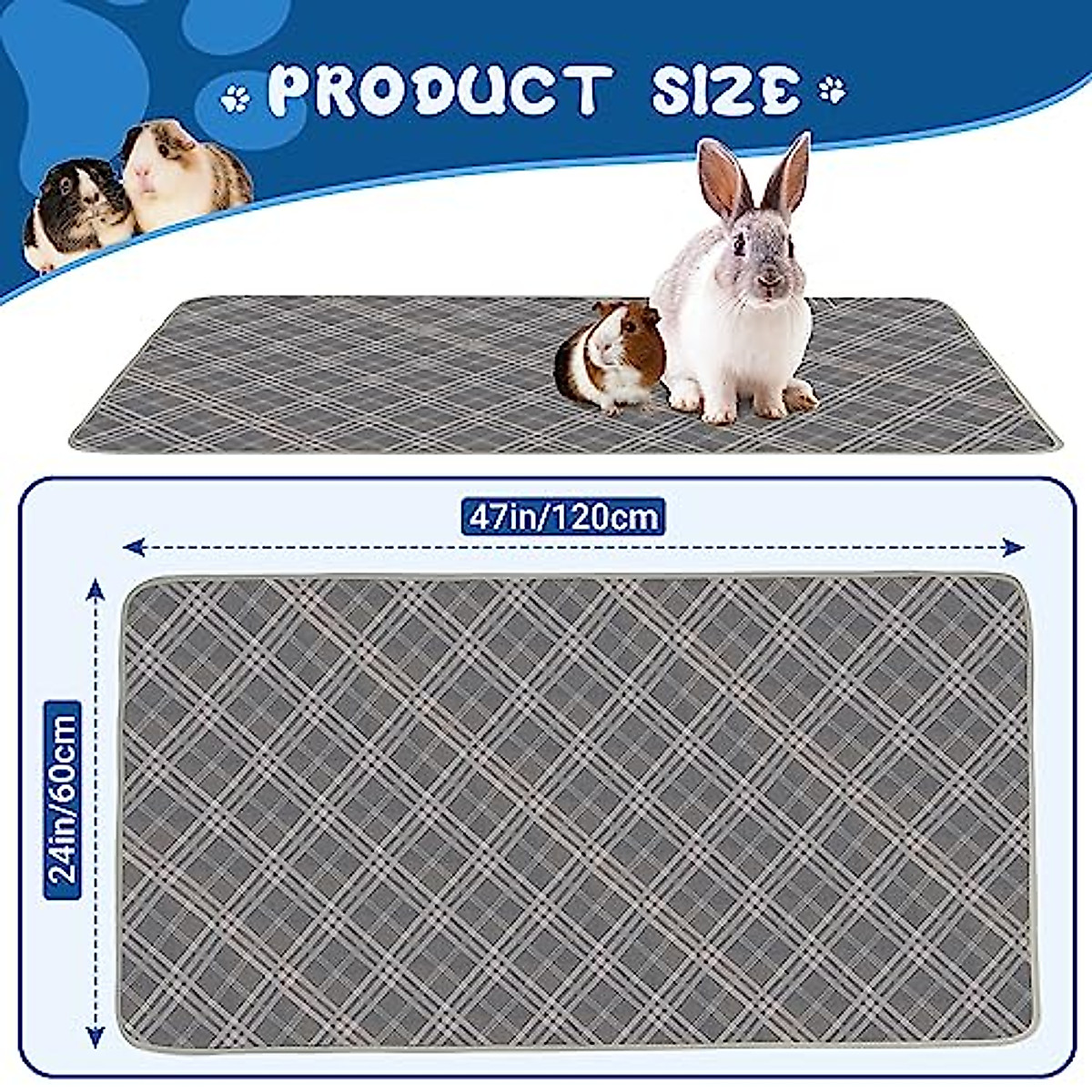 FAWAIKTU 2 Pack Guinea Pig Cage Liners, 47" X 24" Guinea Pig Bedding Reusable Rabbit Bedding, Absorbent Pet Cage Liners for Small Animals Cages Hamster Rat Rabbit Guinea Pig (Grey)