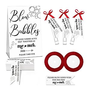 Fumete 101 Pcs Wedding Bubbles Sign Tags Bubble Toy Labels White Good Wish Paper Tags with Red Ribbon Send off Party Invitation Favor for Wedding Guest Anniversary Engagement Bridal Shower, Cards Only