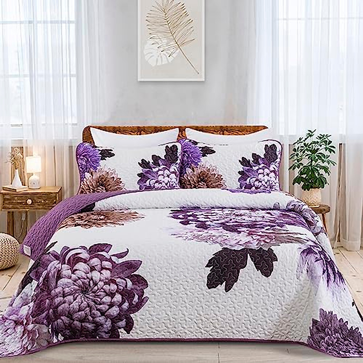 Dintszyayue Floral Quilt Set King Size, 3 Pieces Purple Flower Quilt Coverlet Set with 2 Pillowcases Lightweight Microfiber Bedspread All Season King 104"x90"