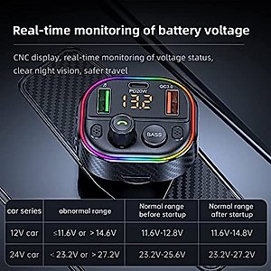 Bluetooth 5.1 FM Transmitter for Car, Bluetooth Car Adapter with PD20W+QC3.0 Car Radio Music Adapter, Supports Handsfree Call Siri Google Assistant, SD Card/U Disk, 7 Color LED Backlit, LED Voltmeter