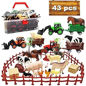 3 Pack Farm Toy Tractor with 40pcs Plastic Animals Figurines and Fence Playset, Farm Figures Farmer Vehicle Toy Truck with Trailer for 3-12 Years Old Kids Boys Girls Toddlers