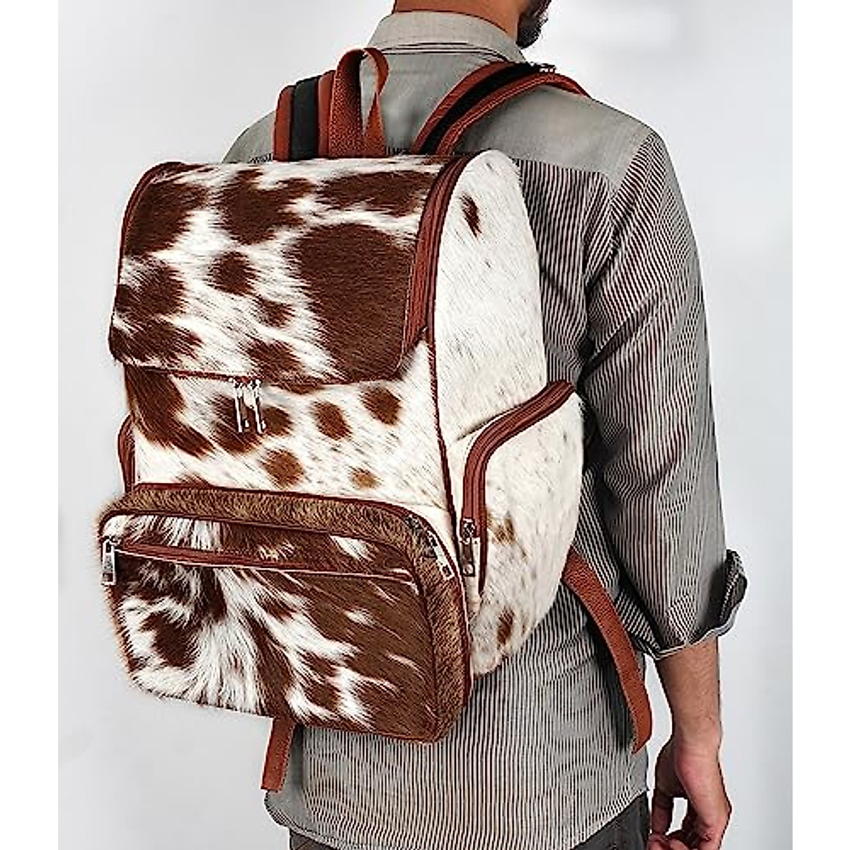III-Fashions Cowhide Hair Print Diaper Backpack Rucksack/Knapsack Travel Shoulder Bag Brown & White (Backpack)