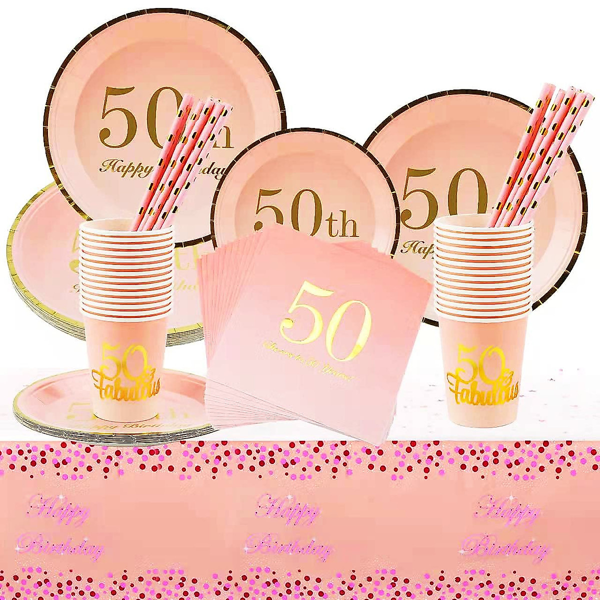 50th Birthday Decorations Party Supplies Set - Disposable Tableware Includes Plates, Cups, Napkins, Straws, Tablecloth for Her 50 Birthday Party - Serves 24