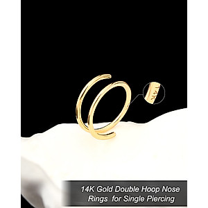 MeIighting 14K Solid Gold Double Nose Rings Hoop for Single Piercing 20G Twist Nose Ring Double Hoop for Women Nose Piercing Jewelry for Men Nose Hoops