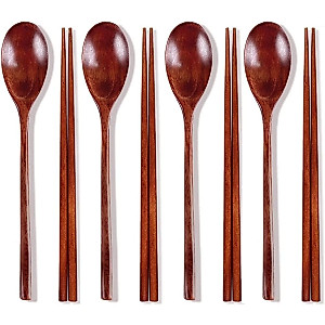 Ecloud Shop Wooden Chopsticks Spoon Set Korean Dinnerware Reusable Long Handle Spoons Chopsticks for Home Kitchen Restaurant (4 Sets)