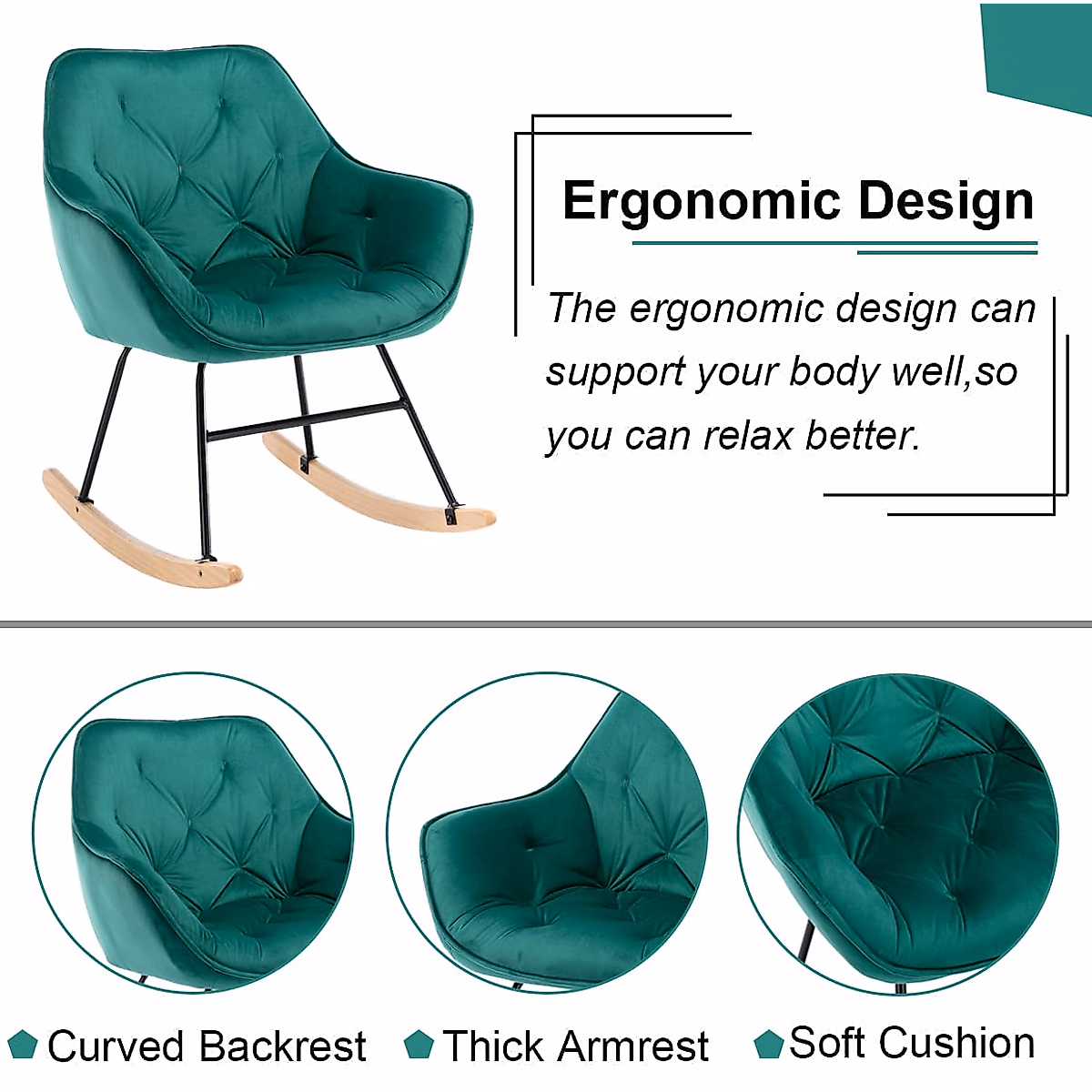 Compact Velvet Rocking Chair, Comfy Accent Rocker Chair for Babies Nursery, Upholstered Glider for Bedroom, Living Room (Emerald Green)