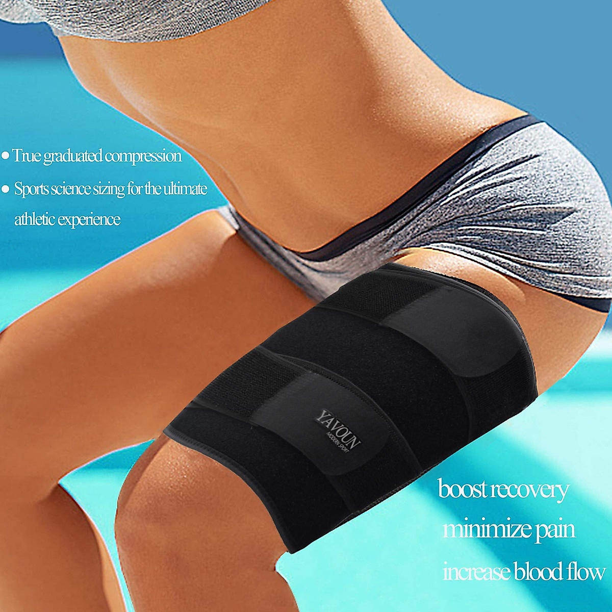 Thigh Compression Sleeve - Hamstring Wrap, Thigh Brace for Pulled Groin Muscle, Tendinitis, Workouts, Quadricep Sports Injury Recovery, Adjustable Compression Sleeve - Men, Women (Black, Single)