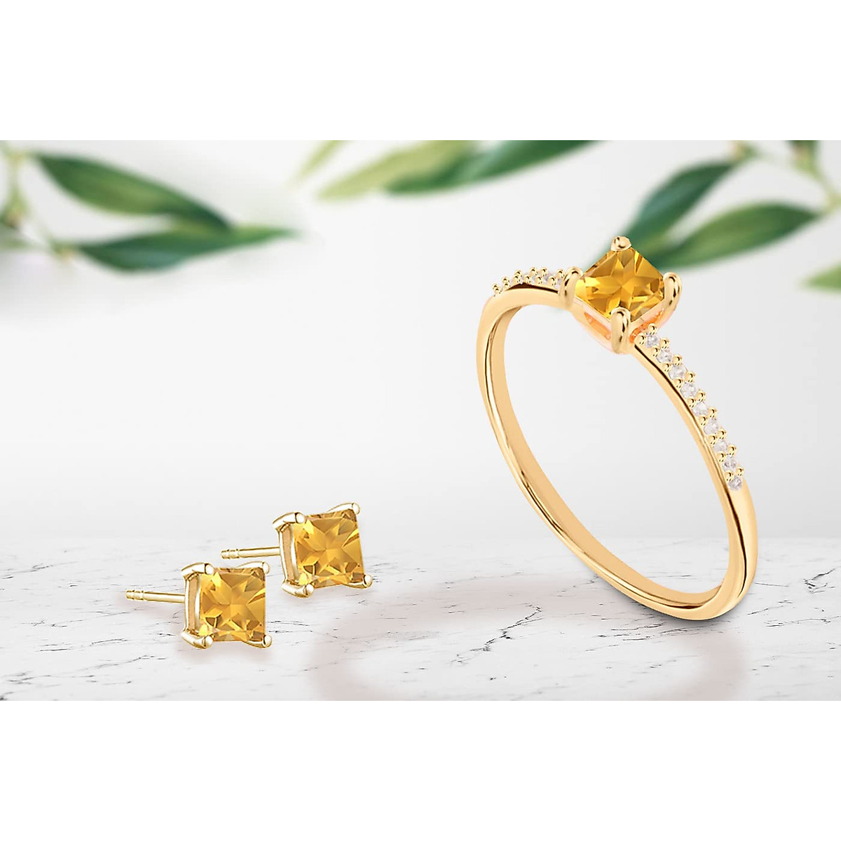 Tirafina Square Citrine and Diamond Accent Ring, 14K Yellow Gold Plated Sterling Silver Band, Solitaire Ring, Dainty Rings for Women, Thin Birthstone Rings - 0.07 CTTW (4mm stone)