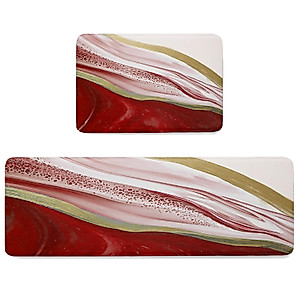 Libaoge Kitchen Mat Rug Set of 2 Red Watercolor Gradient Marble Runner Rug Anti-Fatigue Comfort Memory Foam Standing Mat Non-Slip Floor Door Mat for Bathroom Bedroom 18x30in+18x60in