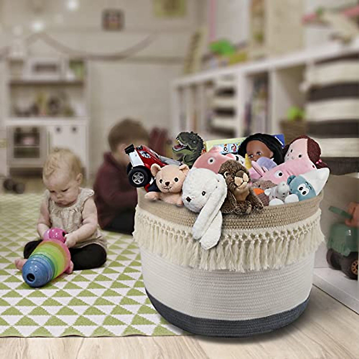 AELS XXXLarge 22"x22"x15" Rope Boho Basket Woven Baby Laundry Basket for Blankets Toys Storage Basket with Handle Comforter Cushions Storage Bins Thread Laundry Hamper-Brown White Gray 93 Liters