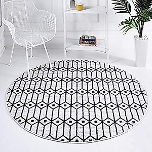 Rugs.com Lattice Trellis Collection Rug – 8 Ft Round White Low-Pile Rug Perfect for Kitchens, Dining Rooms