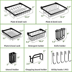 PETSITE Over Sink Dish Drying Rack, 21"-39" Length Adjustable, 2-Tier Dish Drainer for Kitchen Counter Storage, with 4 Baskets and 8 Hooks, Cutting Board & Utensil & Knife Holder, Above Sink Dish Rack