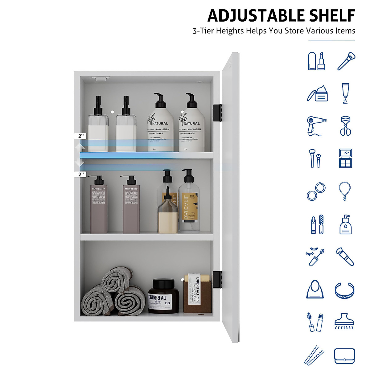 eclife 24" Bathroom Medicine Cabinet W/Mirror, Single Door Bathroom White Wall Mount Mirror Cabinet, Hanging Triple Shelf Storage Cabinet Opens Left and Right