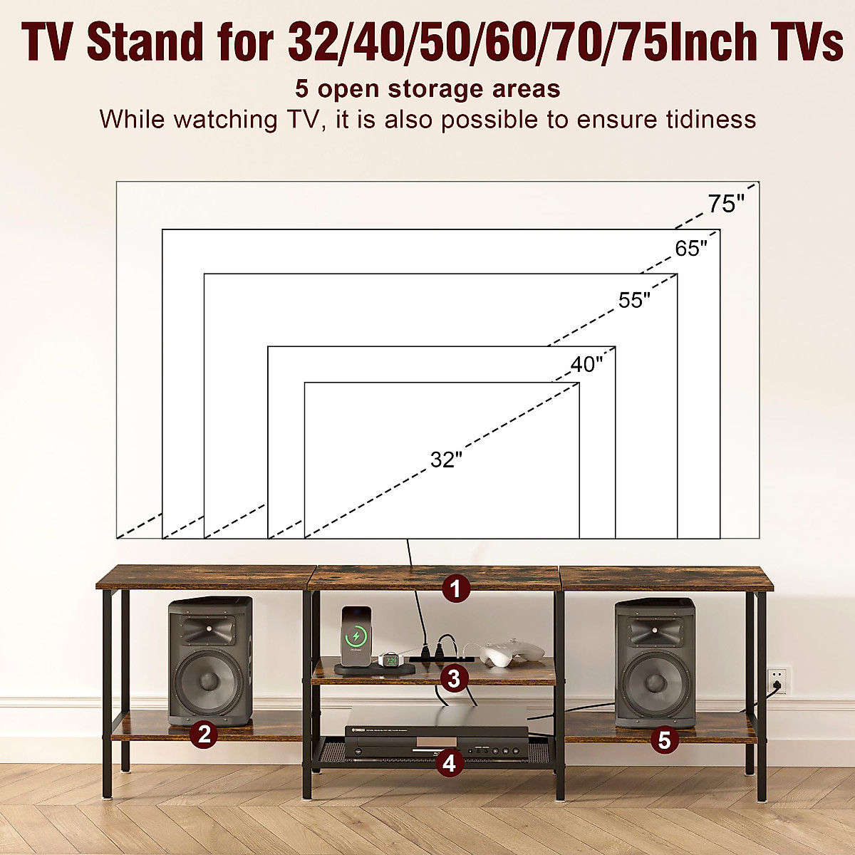 Entrintou TV Stand with Power Outlet for 55/65/70/75 inch TVs, TV Console Table with Open Storage Shelves, 3-Tier Industrial Entertainment Center, Wood TV Stand for Living Room, Bedroom, Brown Black