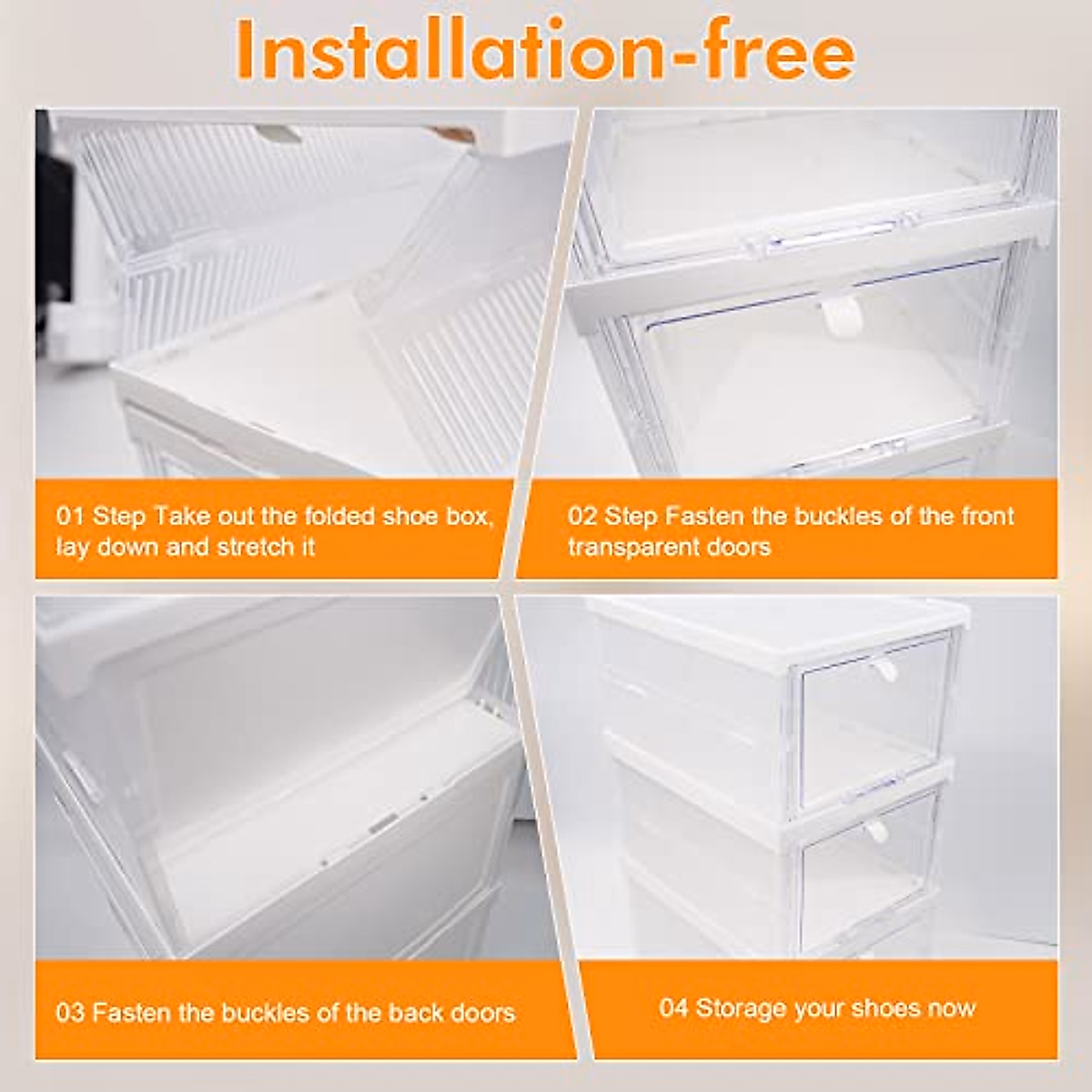 Relaxmm Shoe Boxes Clear Plastic Stackable, 3 Pack Installation-free Stackable Shoe Boxes Large Capacity Clear Plastic Foldable Shoe Organizer with Doors