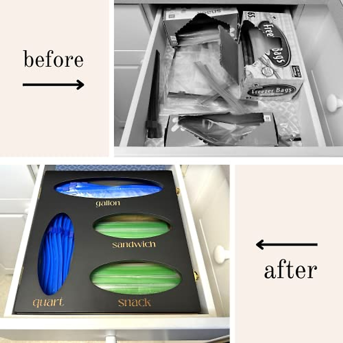 Ziplock Bag Organizer - Bamboo Bag Storage Organizer for Kitchen Drawer, Wooden Baggie Storage Organizer, Compatible with Slider Quart, Gallon, Snack and Sandwich Bags Organizer for Pantry (Black)