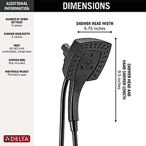 Delta Faucet 5-Spray In2ition Dual Matte Black Shower Head with HandHeld Spray, H2Okinetic Shower Head with Hose, Showerheads, Magnetic Docking, Matte Black 58474-BL25
