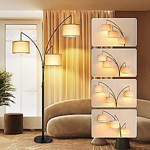 OUTON Arc Led Floor Lamp, Modern Black 3 Light Arched Tall Floor Lamp for Bedroom, 2400lm Mid Century Adjustable Standing Corner Lamps with Hanging Shade for Office Living Room, 3 Led Bulbs Included