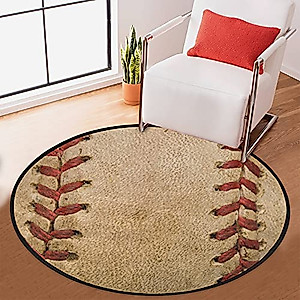 Pardick Baseball Rug 36.2 inch Circle Retro Rug Round Area Throw Rugs for Boys Men Bedroom Living Room Home Nursery Playroom Washable Sports Baseball Ball Room Decor 3ft Rugs Kids Gifts