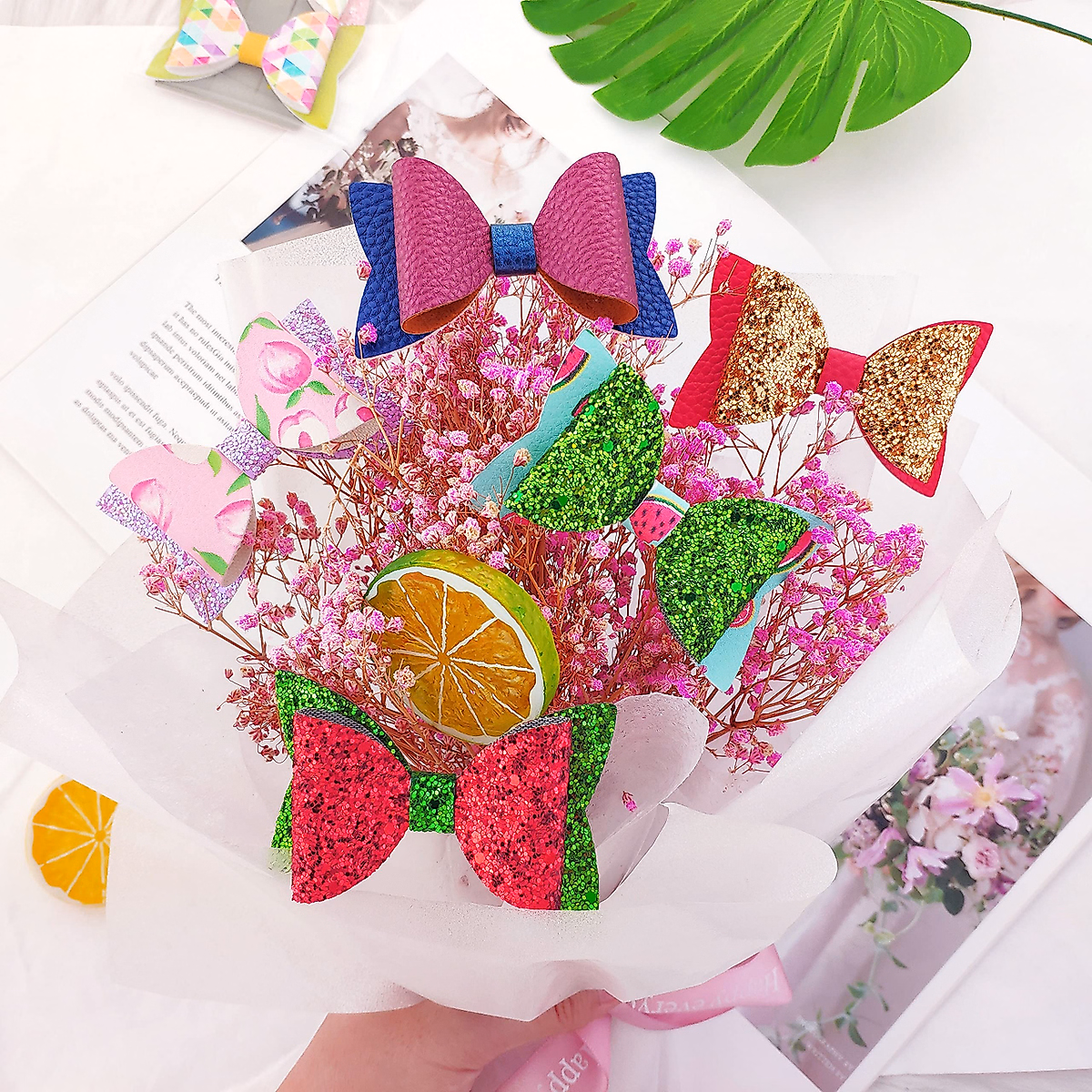 AOUXSEEM 50 Set 【Random Colors】 Bows DIY Making Kit for Beginners, Pre Cut Faux Leather Hairbows Contains Printed/Glitter/Embossed/Textured Fabric, with Alligator Clips for Women Girls Handmade Gift