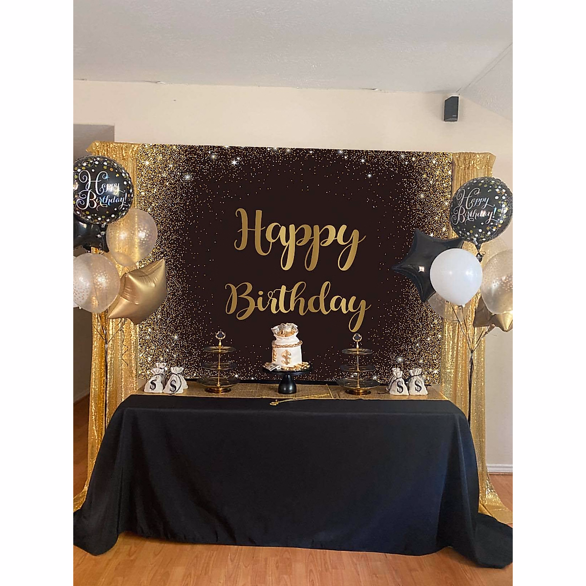 Black Gold Happy Birthday Backdrop Gold Glitter Spots Photography Background Adults Man Boy Birthday Party Table Wall Decoration Photo Shoot Booth Studio Props 7x5FT