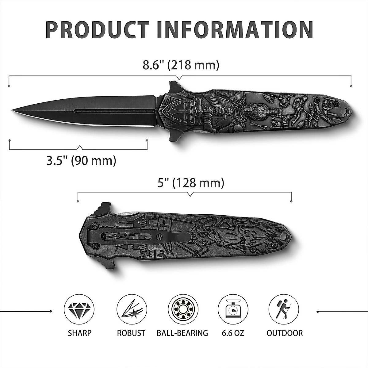 VALHALLA Pocket Folding Knife, Survival Knife With 3D Crusader Relief, Great Gift Edc Pocket Knife For Men Collector Outdoor Camping Hiking Hunting Knife