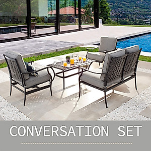 Sports Festival 4 Pieces Outdoor Furniture Patio Conversation Set All Weather Black Metal Armchairs Loveseat with Seat and Back Cushions Rectangle Coffee Table for Deck Lawn Garden (Grey)