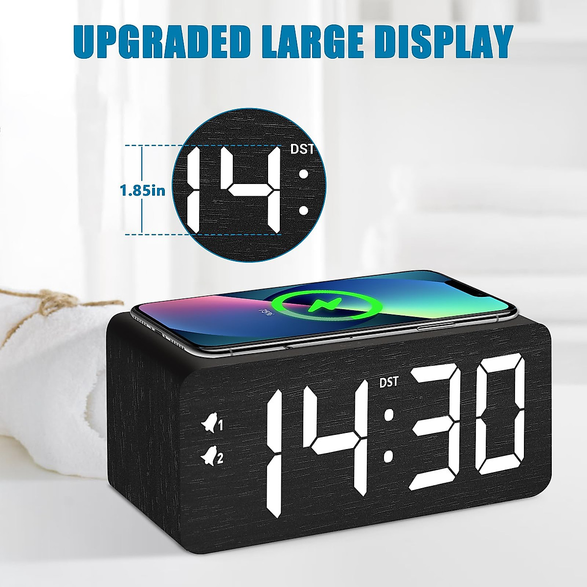 URAYCO Wooden Digital Alarm Clock, 10W Fast Wireless Charger Station & 2 USB Charging Ports, with 0~99% Dimmer, Dual Alarm, Weekday/Weekend Mode, Wood LED Clock for Bedroom, Desk, Office