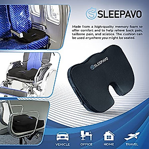 Sleepavo Black Memory Foam Seat Cushion for Office Chair - Cooling Gel Pillow for Sciatica Coccyx Back Tailbone & Lower Back Pain Relief - Chair Pad for Lumbar Support in Office Desk, Car & Airplane