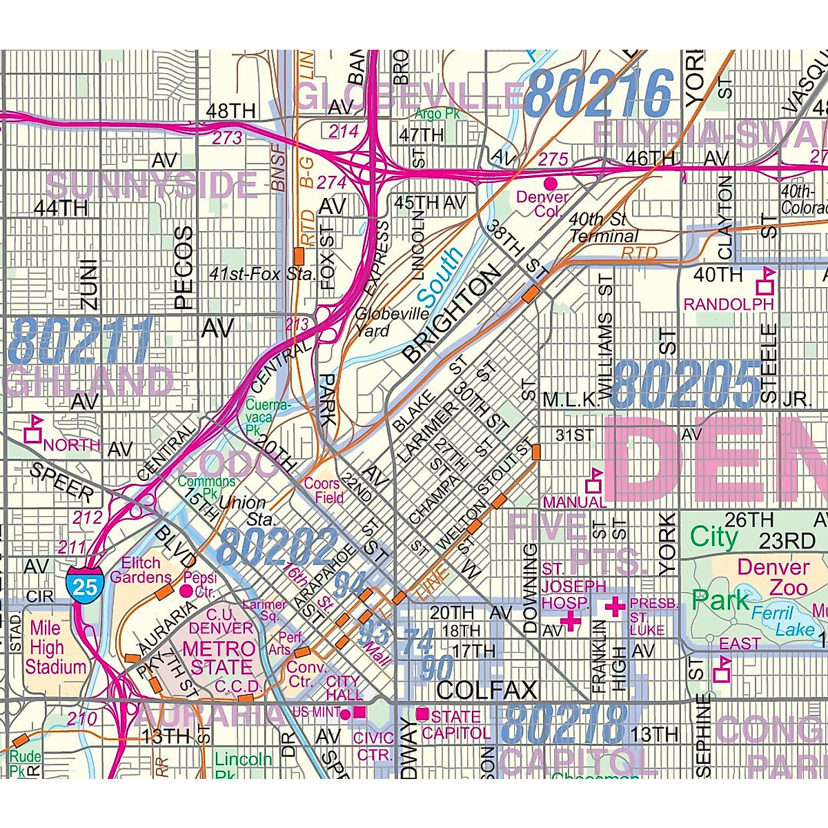Metro Denver CO Detailed Region Wall Map w/Zip Codes *Laminated* 36"x52"