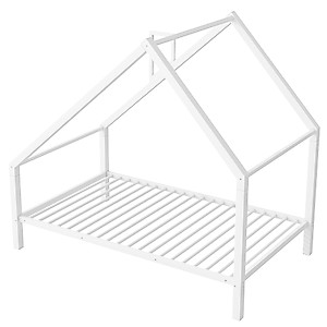 Bellemave Twin House Bed for Kids, Kids Twin Bed, Twin Bed for Girls/Boys, Montessori Bed for Kids with Roof, Metal House Bed for Kids, White