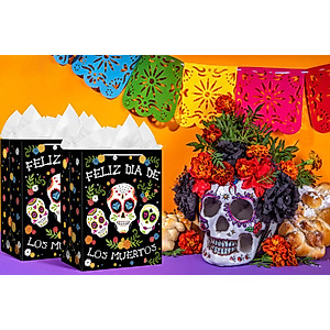 JUESMOS Day of The Dead Gift Bags with Tissue Paper Halloween Treat Bags Sugar Skull Day of The Dead Party Paper Bags Goodie Bags for Day of The Dead Party Favors Decorations Mexican Fiesta Supplies