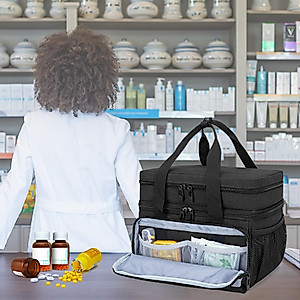 CURMIO Double Layers Pill Bottle Organizer Bag Empty, Medicine Organizer Storage Case with Lockable Zippers, Medication Travel Bag for Prescription Bottles, Medical Supplies, Black (Patent Design)