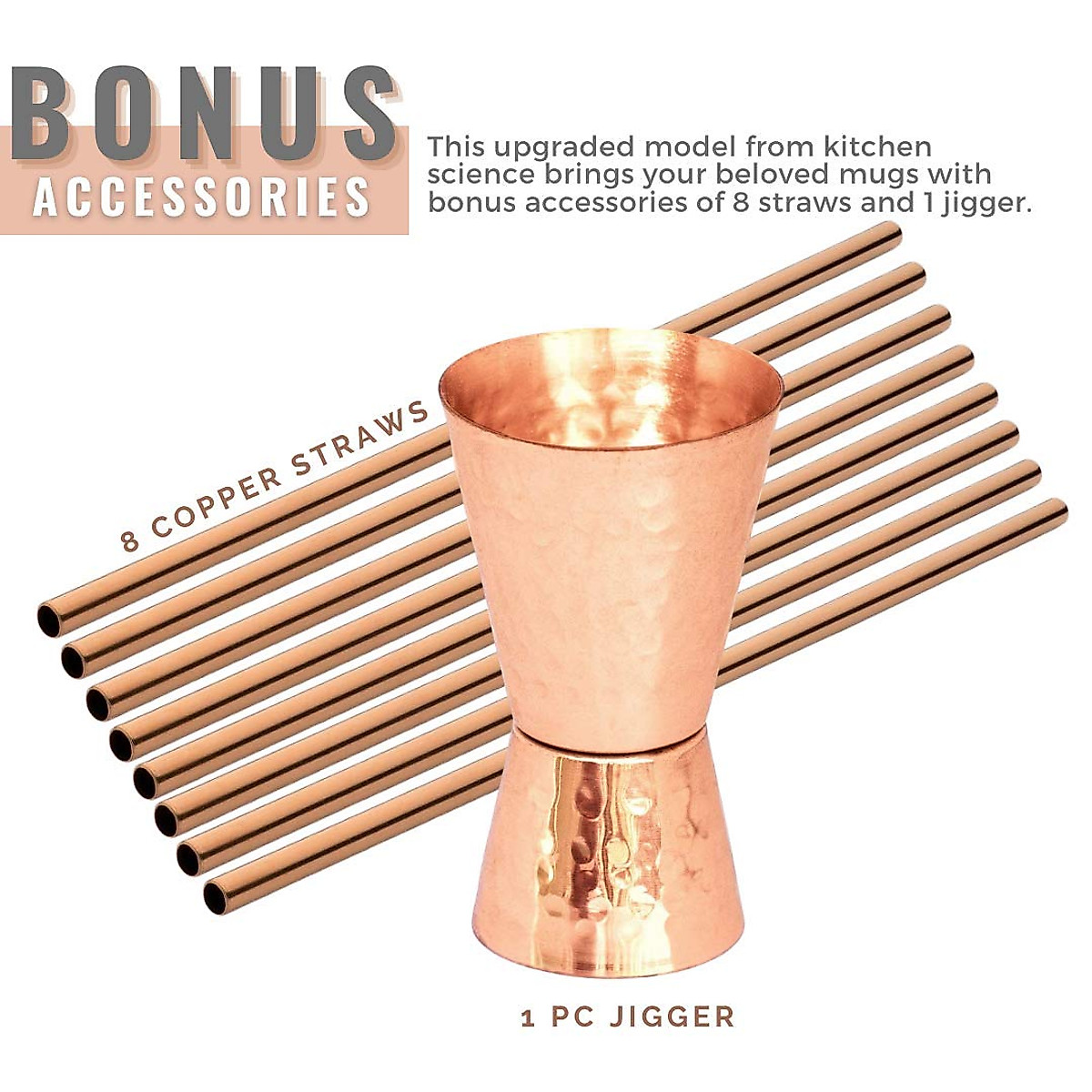 Kitchen Science [Gift Set] Moscow Mule Copper Mugs Set of 8 (16oz) w/Straws & Jigger | 100% Pure Copper Cups, Tarnish-Resistant Food Grade Lacquered Finish, Ergonomic Handle (No Rivet) w/Solid Grip