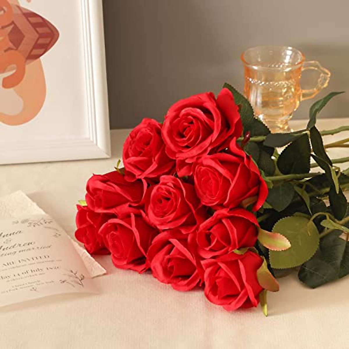 CEWOR 10pcs Artificial Roses with Stems Red Roses Fake Flowers Decorations for Mothers Day Bridal Bouquet Wedding Party Home Decor (Red)