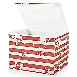 RunningBear American Patriotic Stars Large Storage Bins with Lid Collapsible Storage Bin Storage Basket Organizer Cute Storage Bin for Clothes Toys Books