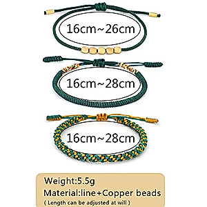 Pingyongchang 3 PCS Handmade Rope Red String Hand-Knitted Bracelets Tibetan Buddhist Woven Lucky Adjustable Cotton Copper Beads Bracelets for Women Men Friendship Gifts Jewelry-Green