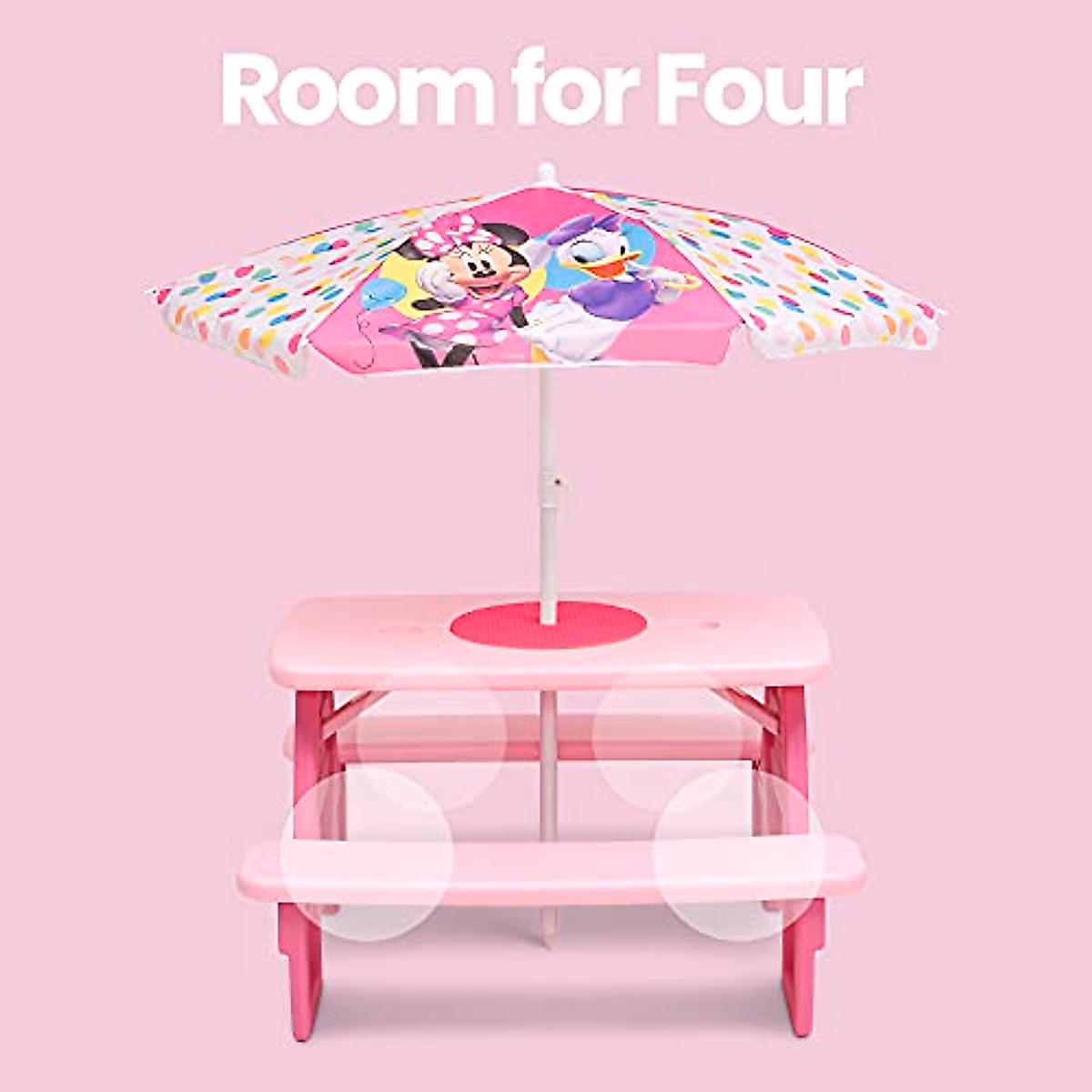 Delta Children 4 Seat Activity Picnic Table with Umbrella and Lego Compatible Tabletop, Minnie Mouse, 32.5 in x 34.25 in x 53.5 in