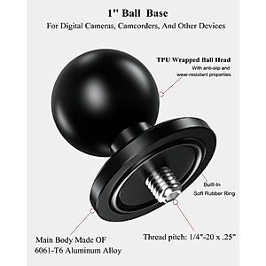 BRCOVAN Aluminum Alloy 1'' Ball Adapter with 1/4"-20 Threaded Stud for Action Camera & Camcorder Compatible with RAM Mounts B Size Double Socket Arm