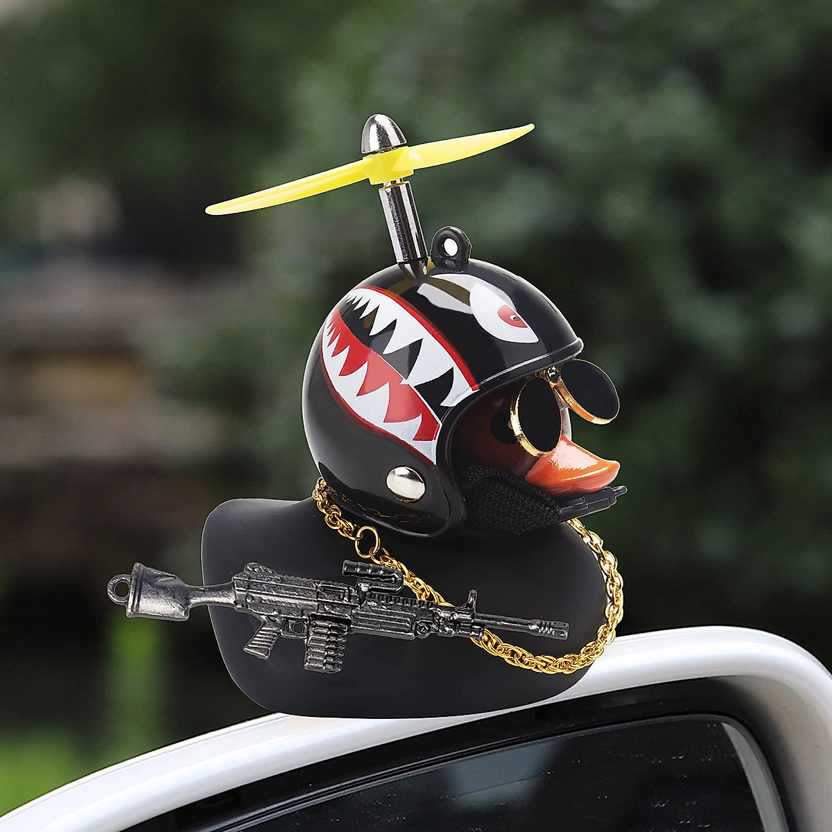 wonuu Rubber Duck Car Ornaments Pink Duck Car Dashboard Decorations Set with Propeller Helmet, Sunglasses, and Gold Chain. (T-Shark-Black G)