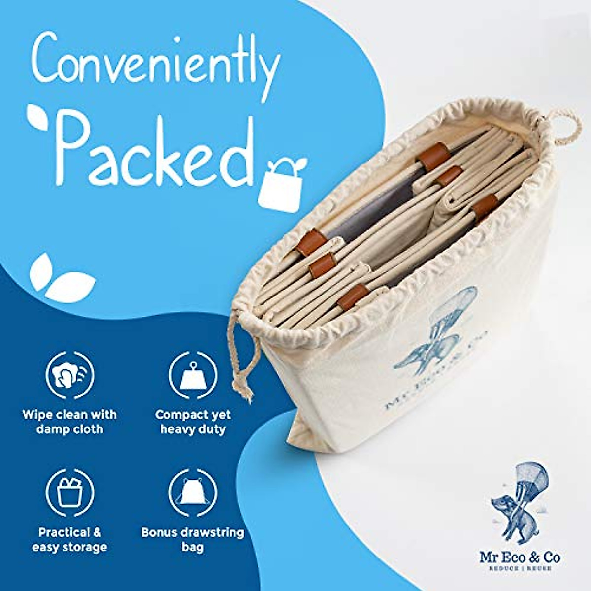 Mr Eco&Co Reusable Grocery Bags Heavy Duty - 4 Pack of Washable, Reusable Shopping Bags Made From Strong, Sturdy Leather Handles and 100% Cotton Canvas, Perfect for Shops, Markets or Storage