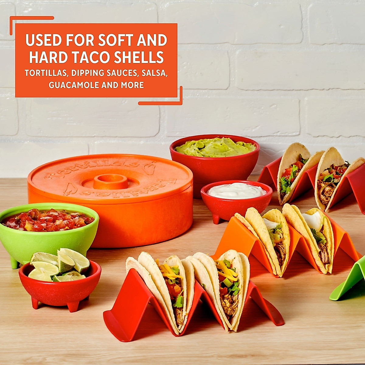 IMUSA 12 Piece Taco Fiesta Set, Kit Includes (1) 8" Tortilla Warmer, (3) Small Salsa Dishes, (4) Large Salsa Dishes (4) Taco Holder Stands