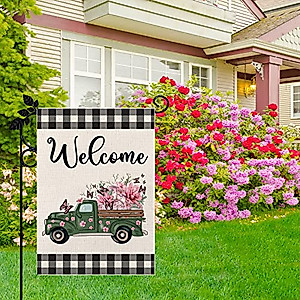Spring Garden Flags, Buffalo Floral Welcome Spring Truck Garden Flag,12×18 Small Vertical Double Sided Small Yard Flag, Seasonal Outdoor Flag Outside Decor for Home Yard Farmhouse